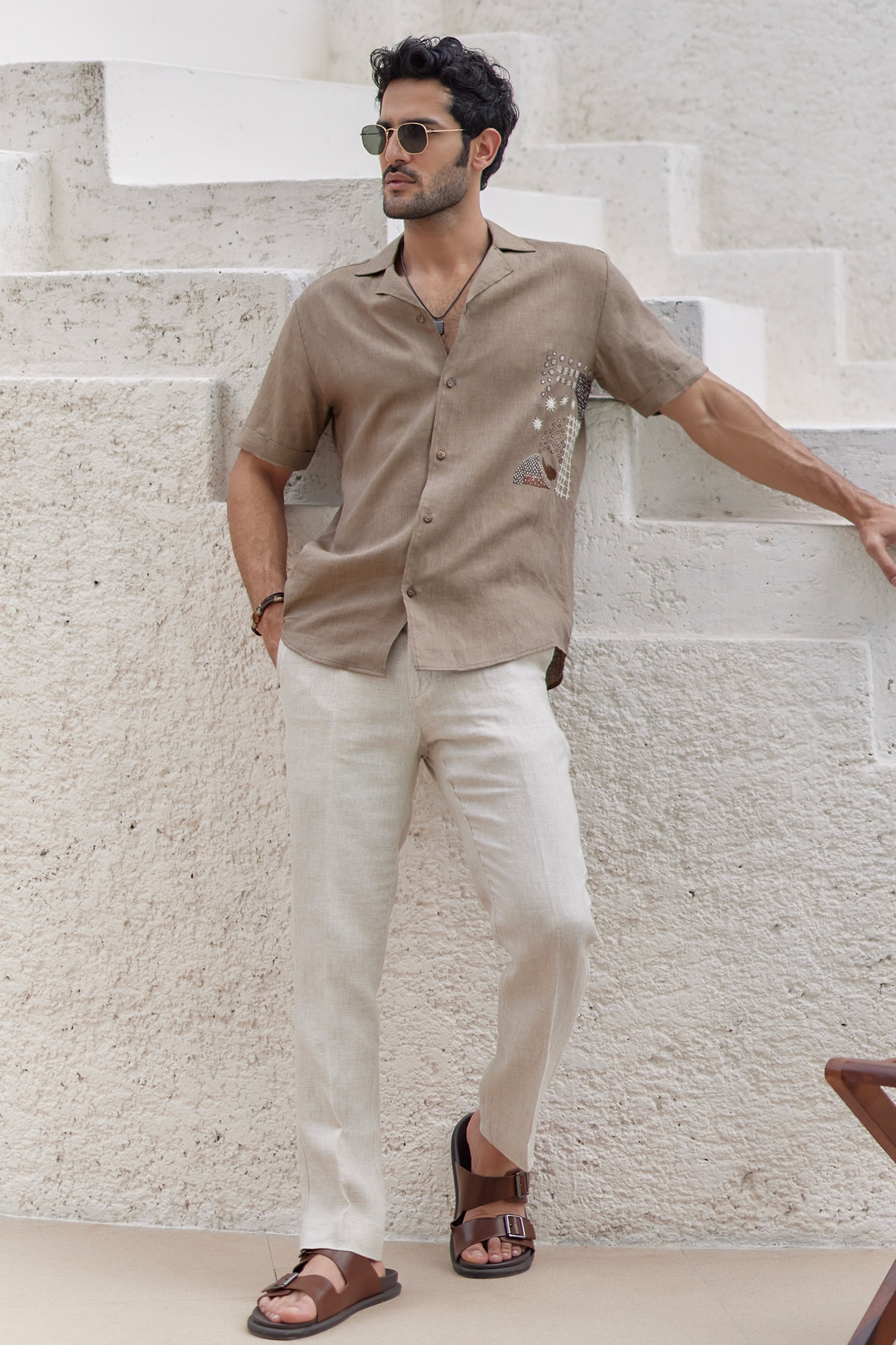 Buy Brown Pure Irish Linen Hand Embroidered French Knot And Thread Work ...