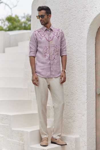 Buy Purple Pure Irish Linen Embroidered Thread Shirt For Men by Asuka ...