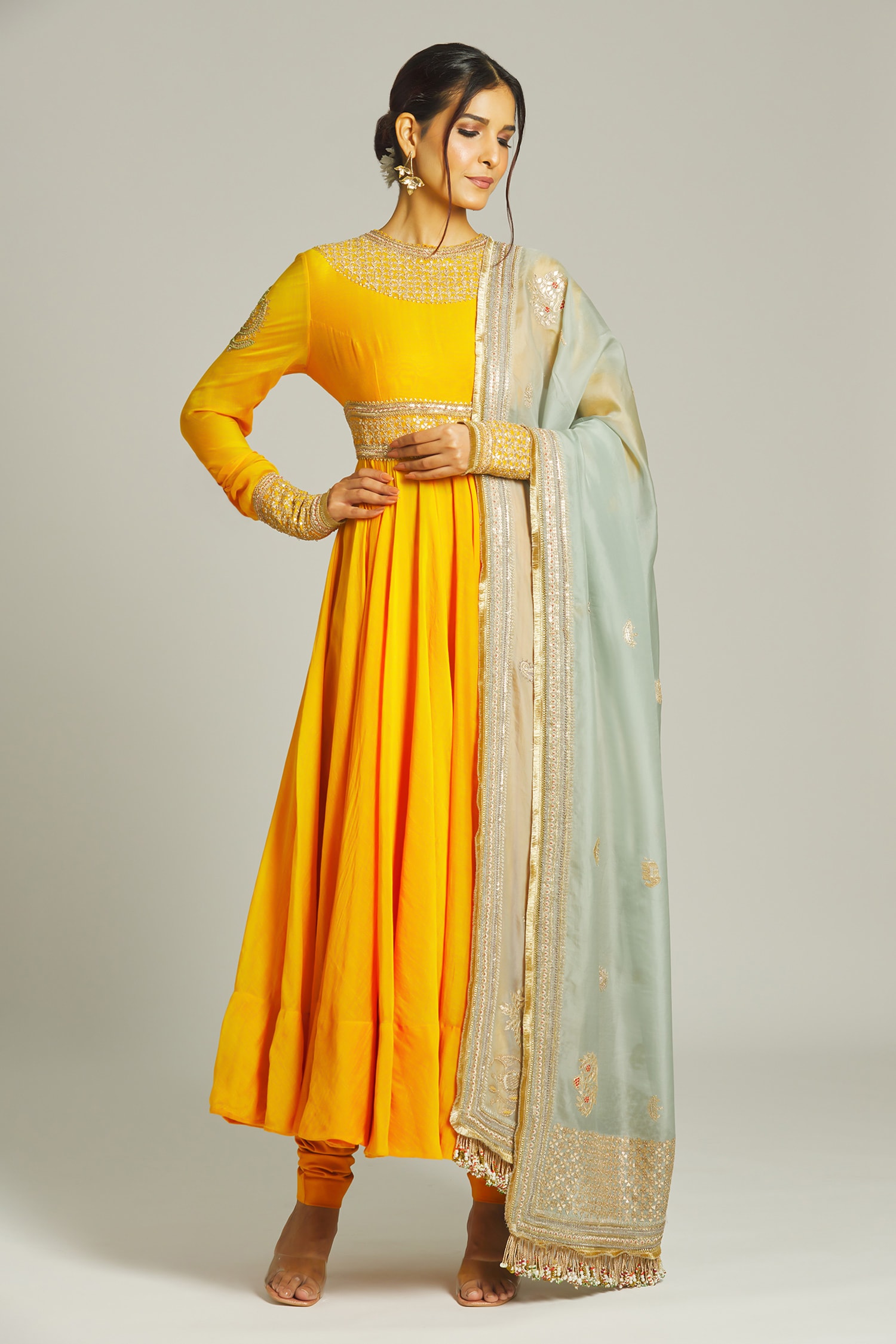 Buy Yellow Silk Embroidered Sequin Round Zardozi Anarkali Churidar Set ...