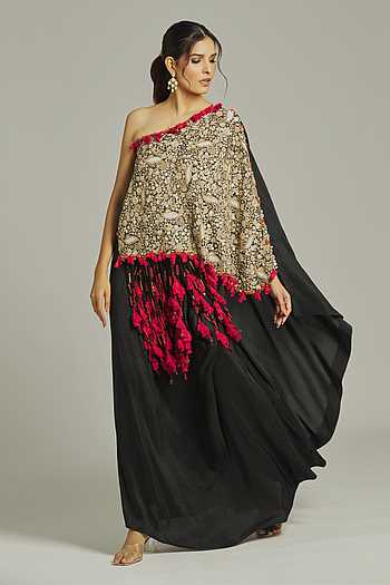 Buy Black Silk Embroidered Sequin Ones Zari Asymmetric Top With Skirt ...