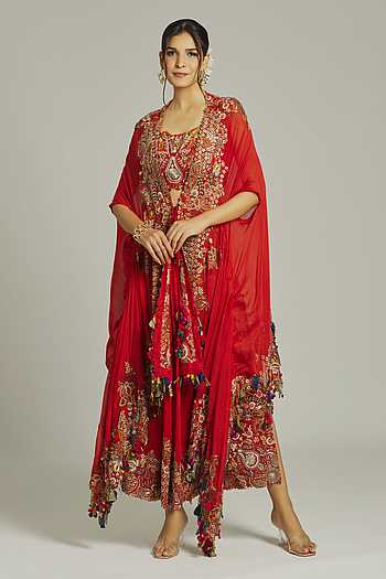 Buy Red Silk Embroidered Thread Cape Open Draped Skirt Set For Women by ...