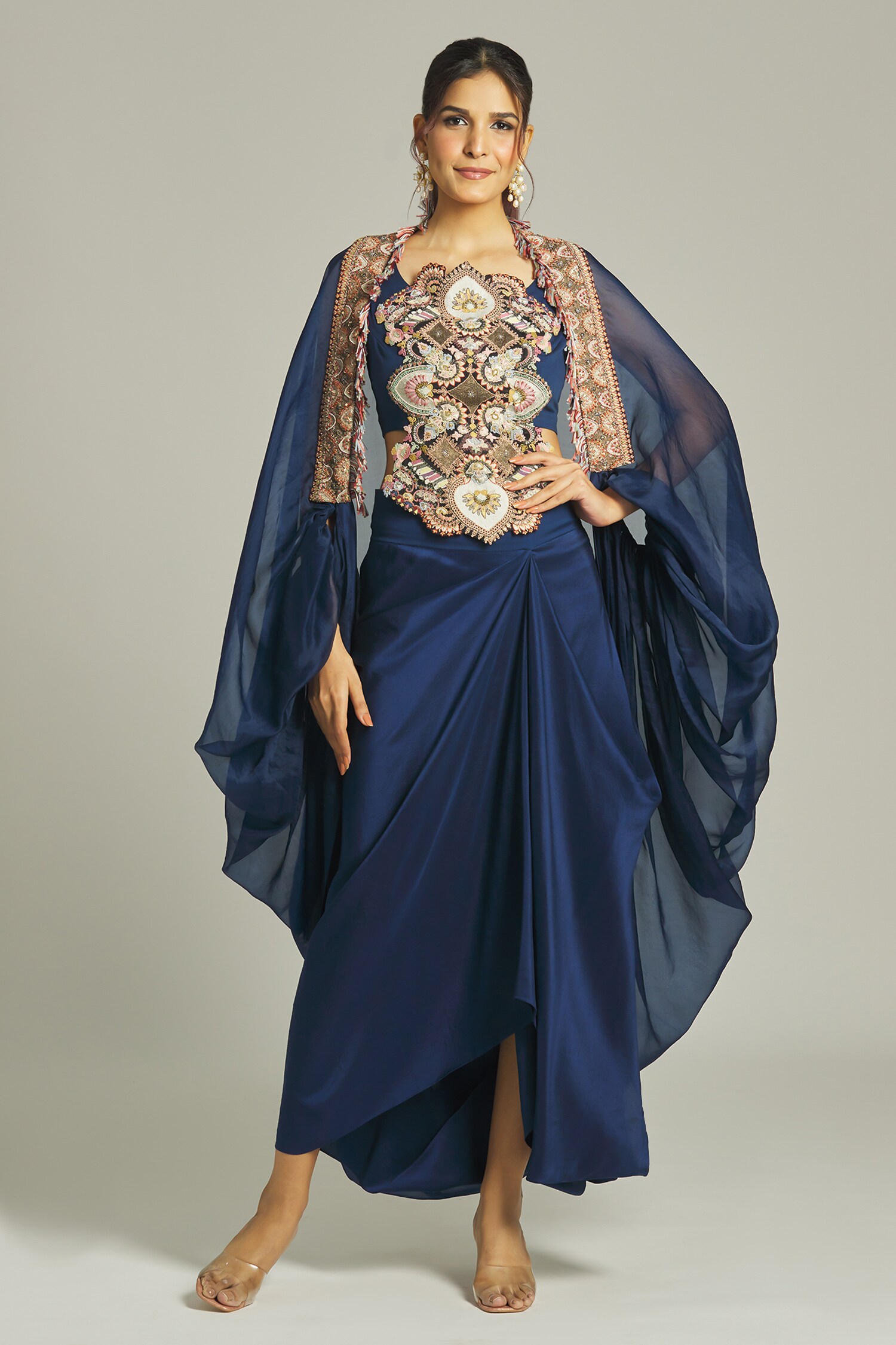 Buy Blue Organza Embroidered Thread Cape: Open Bead Draped Skirt Set ...