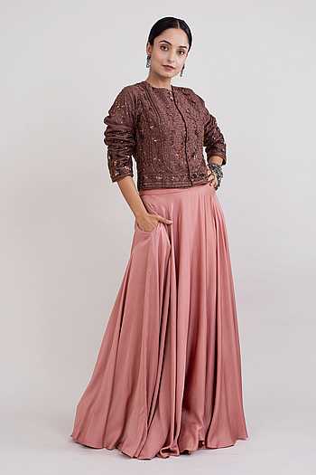 Buy Brown Chanderi Embroidered Thread Round Cutdana Sequin Top With ...