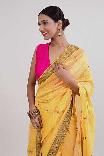 Buy Yellow Cotton Silk Embroidered Floral Blossom Woven Saree With ...