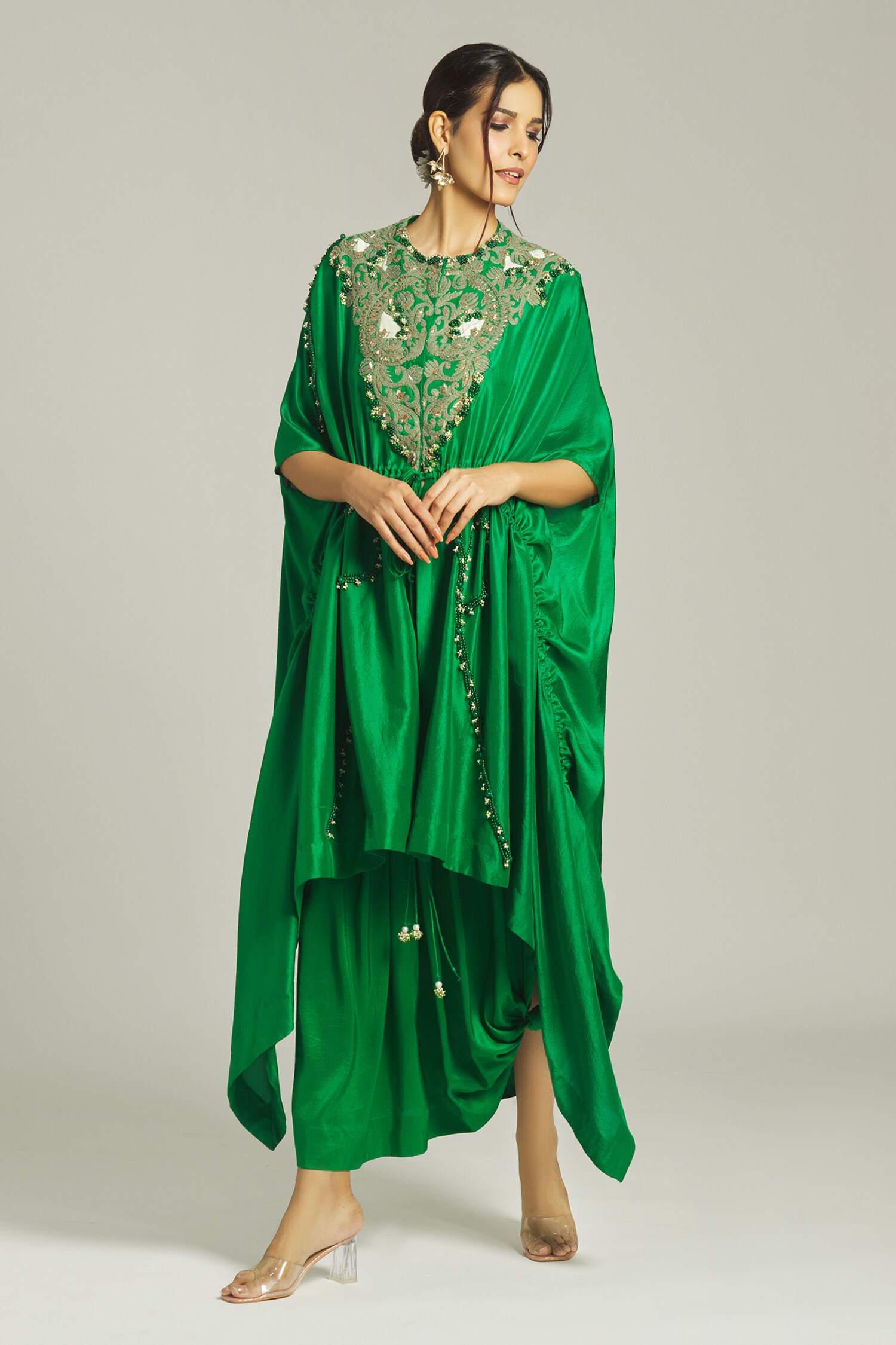 Buy Emerald Green Silk Embroidered Beads Pearl Embellished Cape With ...