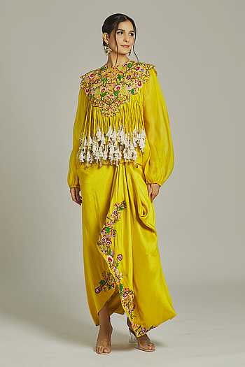 Buy Yellow Silk Embroidered Thread Overlay Closed Neck Draped Skirt Set ...