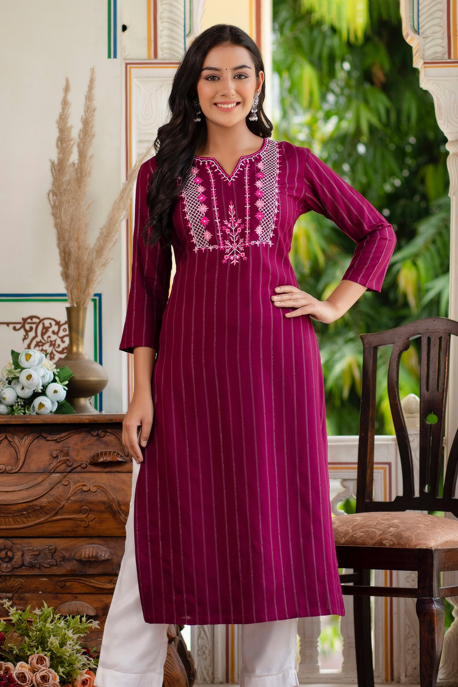 Buy Purple Viscose Embroidered Thread Notched Bodice Kurta For Women by ...