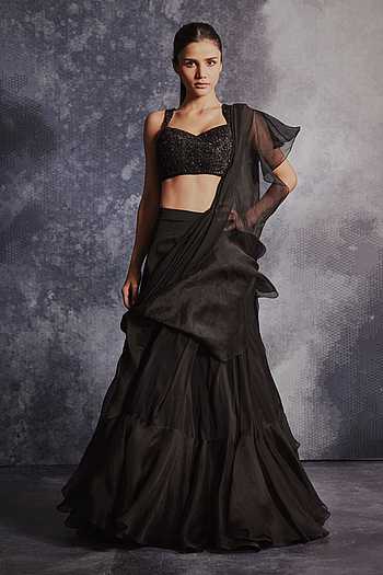 Buy Varun Chakkilam Black Silk Organza Ruffle Lehenga Saree With Floral ...