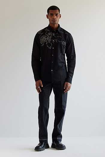 Buy Black Linen Embroidery Abstract Reversible Shirt For Men by ...