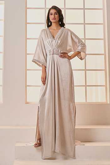 Buy Silver Mashroo Embroidered V Neck Placement Draped Kaftan For Women ...