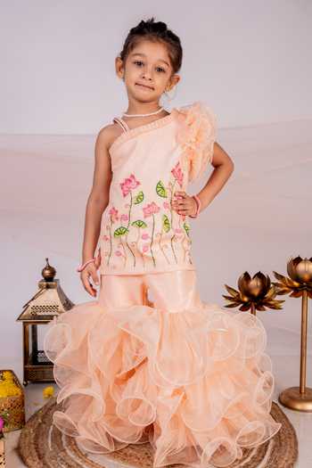 Buy Peach Kurta: Dupion Sequin Embroidered And Frilled Pant Set For ...