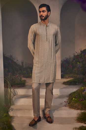 Buy Grey Silk Vine Embroidery Laith Kurta With Pant For Men by Charu ...