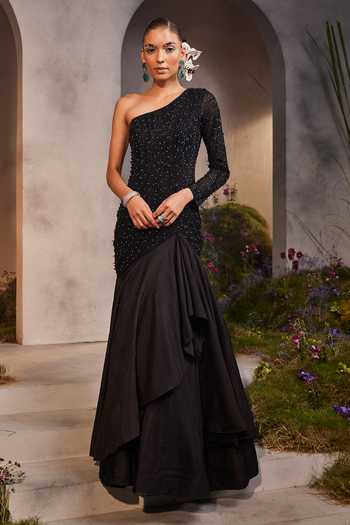 Buy Black Net Embroidered Leaf Applique One Shoulder Neck Gown For ...