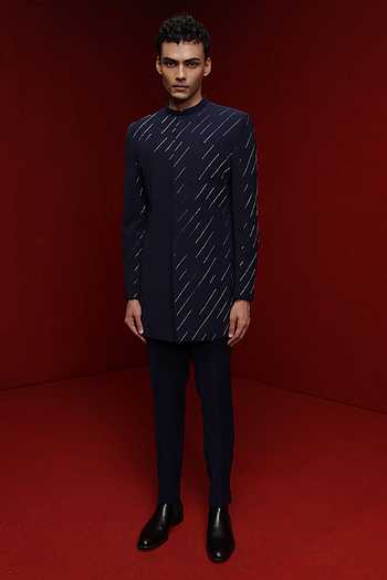 Buy Blue Viscose Polyester Embroidery Cutdana Stripe Bandhgala Set For ...