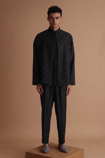 Buy Green Terry Rayon Embroidery Thread Jacket And Shirt Set For Men by ...
