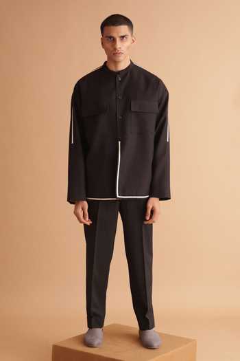 Buy Black Terry Rayon Embellished Tape Placement Jacket And Shirt Set ...