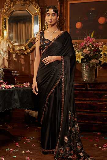Buy Black Silk Satin Hand Embroidered Zari Sweetheart Neck Dabka Saree ...
