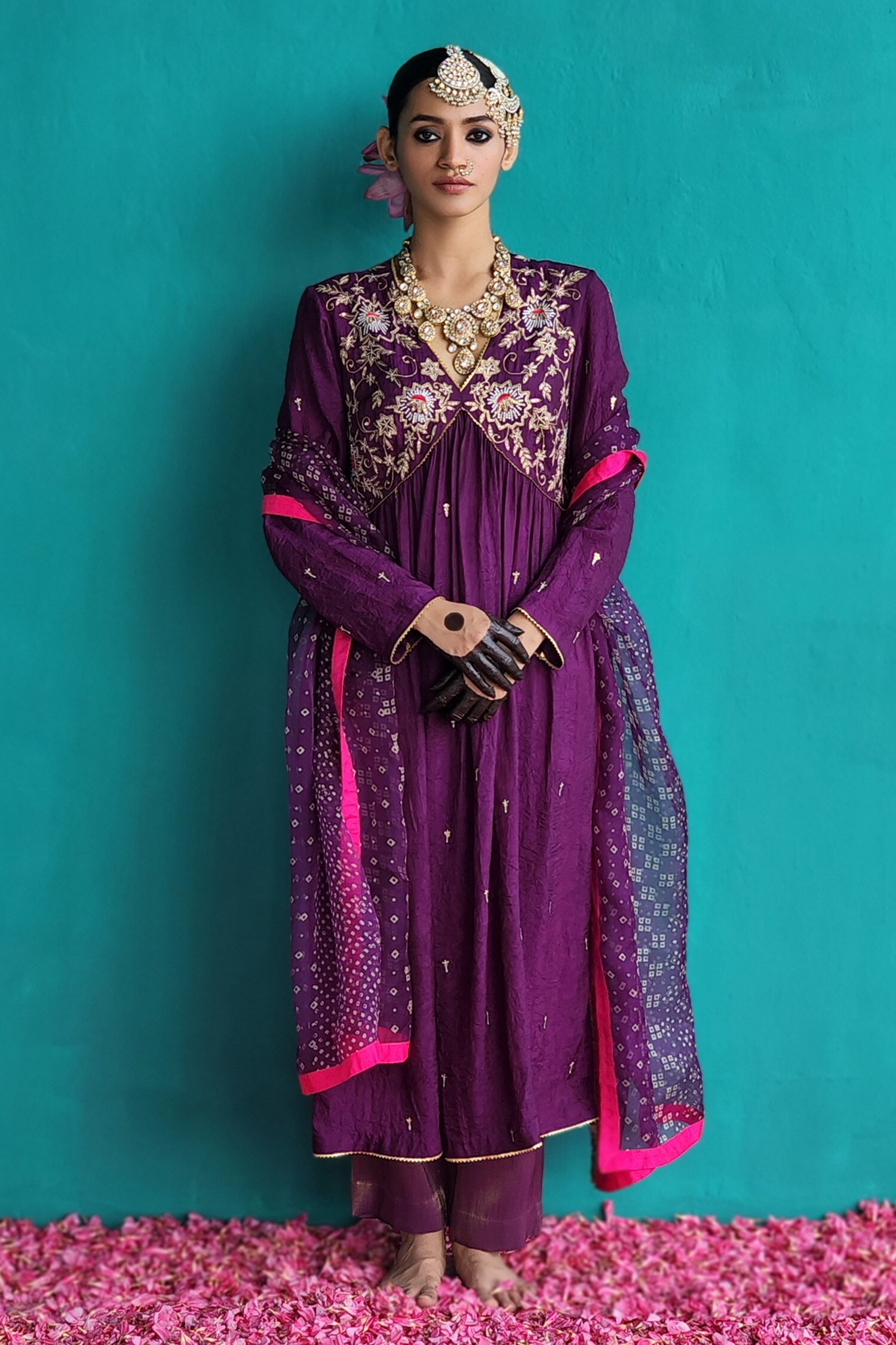 Buy Purple Kurta: Viscose Silk Embroidery Sequin Floral Yoke Anarkali Set For Women by Pooja ...