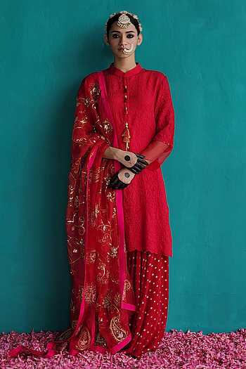 Buy Red Kurta: Viscose Silk Plain Mandarin Collar Farshi Pant Set For ...