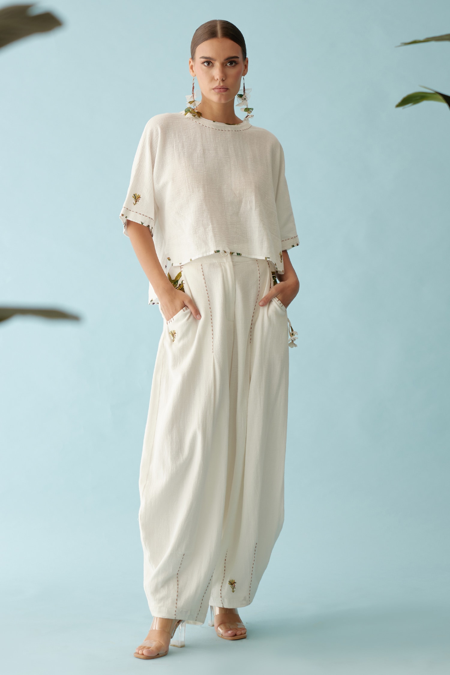 Buy Off White Cotton Textured Gauze Embroidered Thread High Low Crop ...