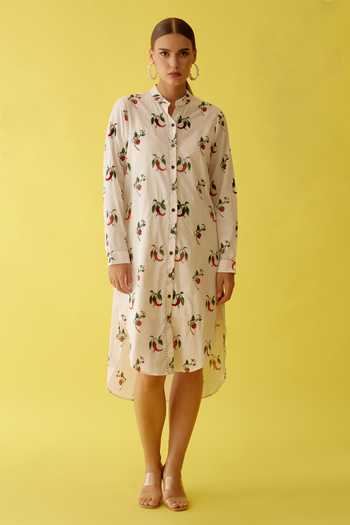 Buy Off White 100% Cotton Chilli Printed Collared Embroidered Shirt ...