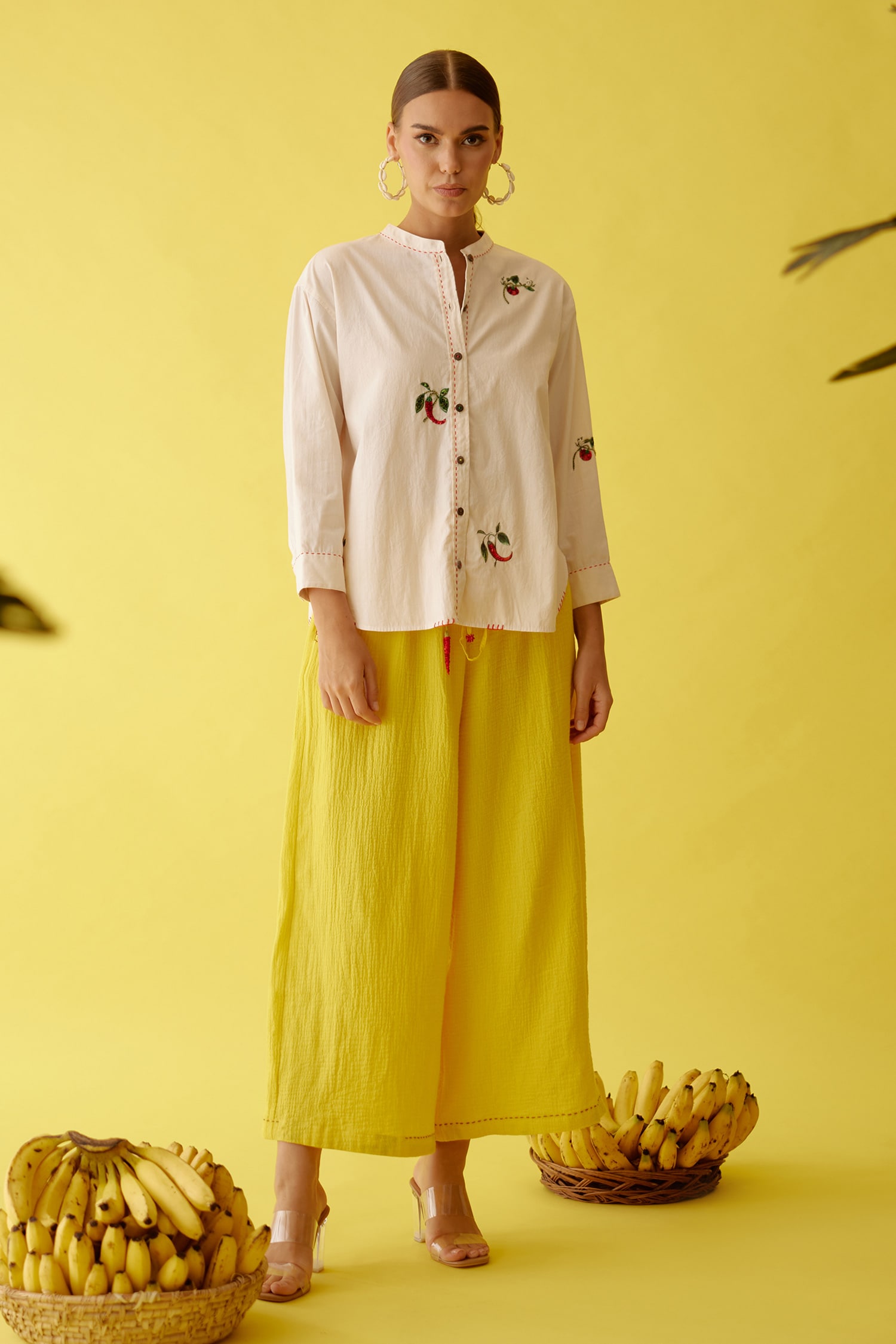 Buy Cream Poplin Embroidered Red Chilli Chinese Collar Applique Top For ...