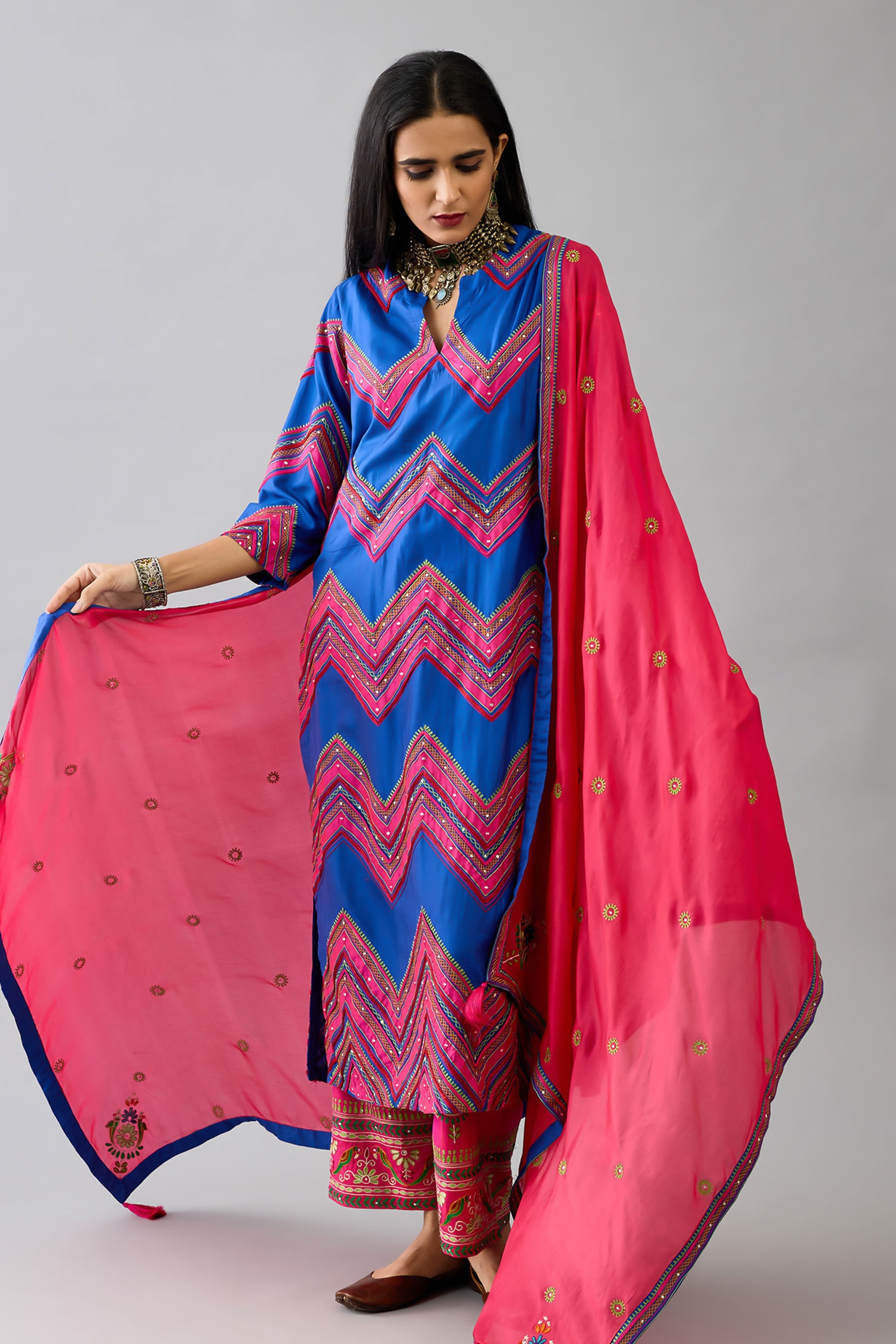 Buy Blue Kurta And Pant: Silk Thread Embroidered Notched Chevron Set ...
