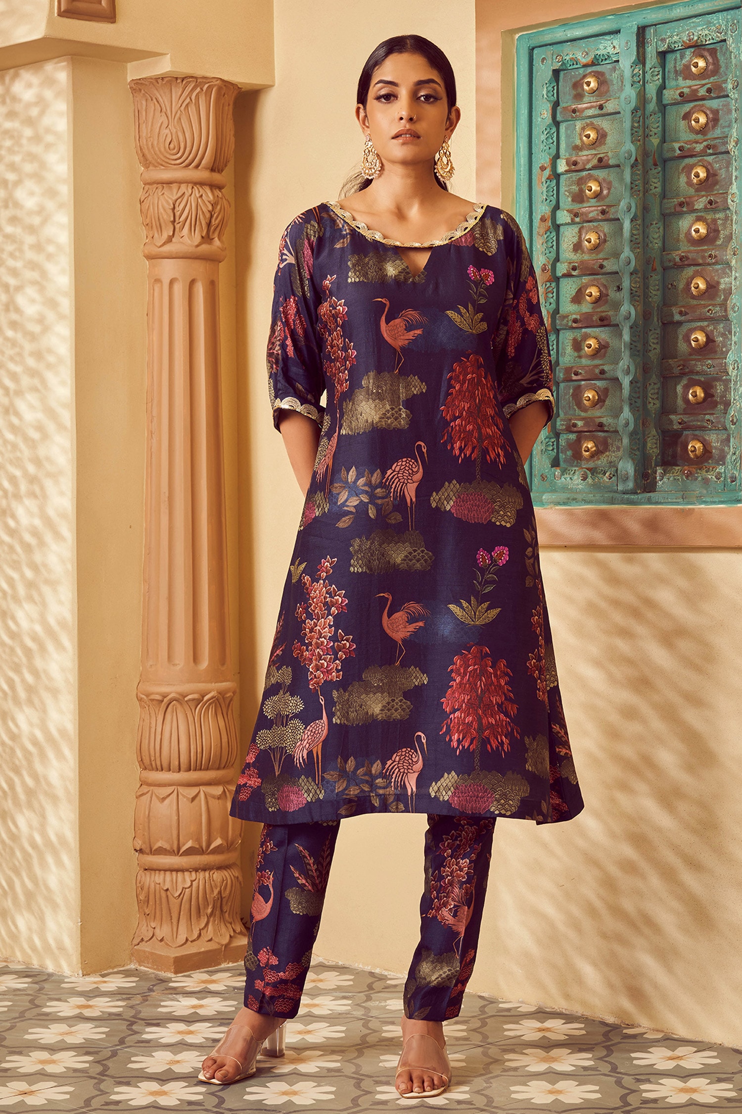 Buy Blue Bemberg Silk Botanic Printed Scoop Kurta And Pant Co-ord Set ...
