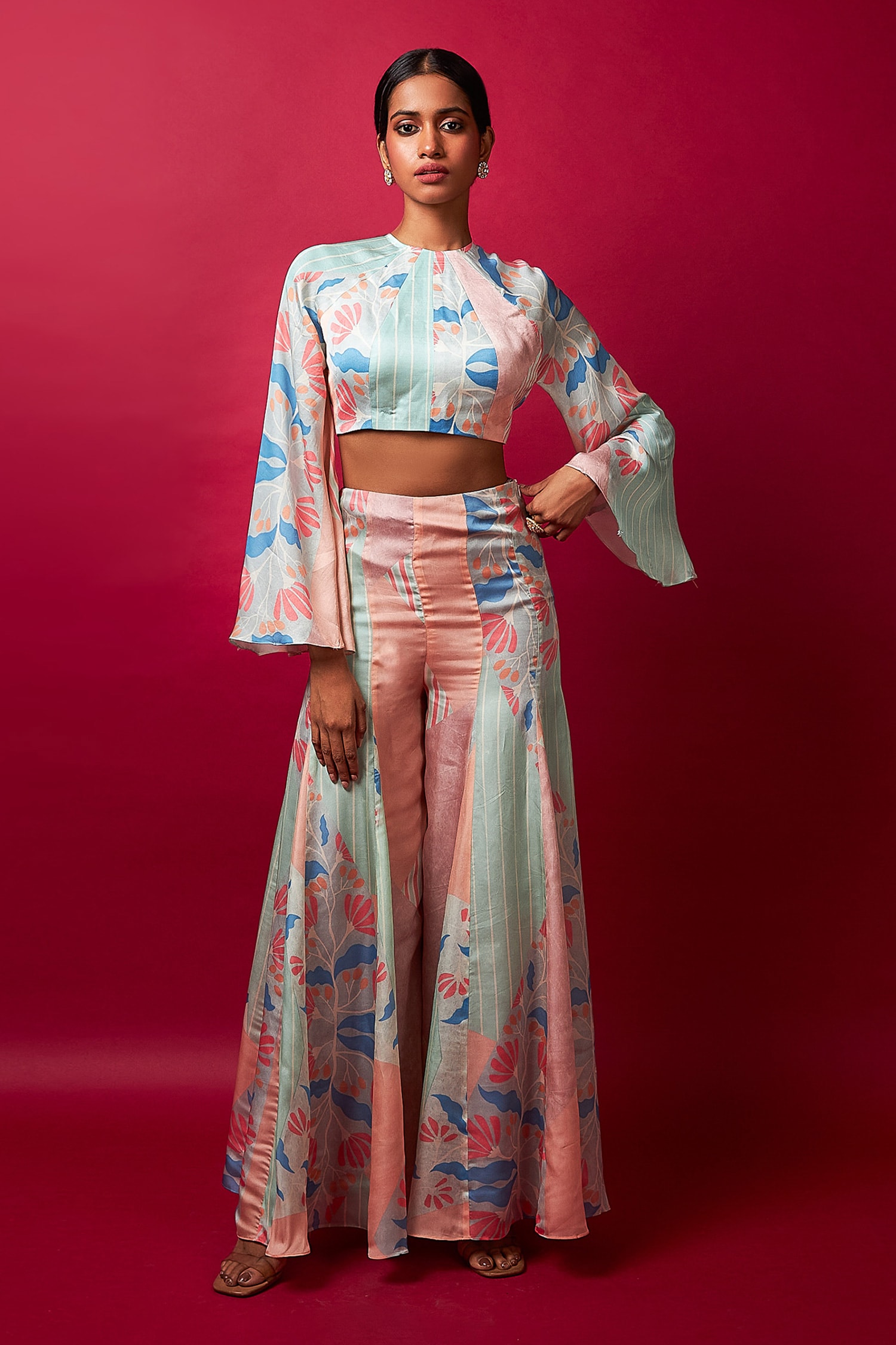 Buy Multi Color Top Satin Abstract Print High Neck Floral With Pant For ...