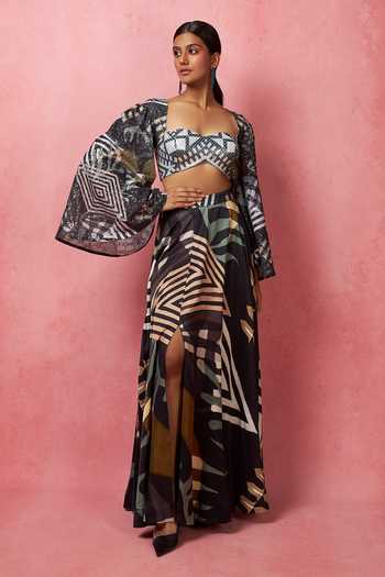 Buy Multi Color Blouse: Sequin Fabric Geometric Printed Slit Lehenga ...