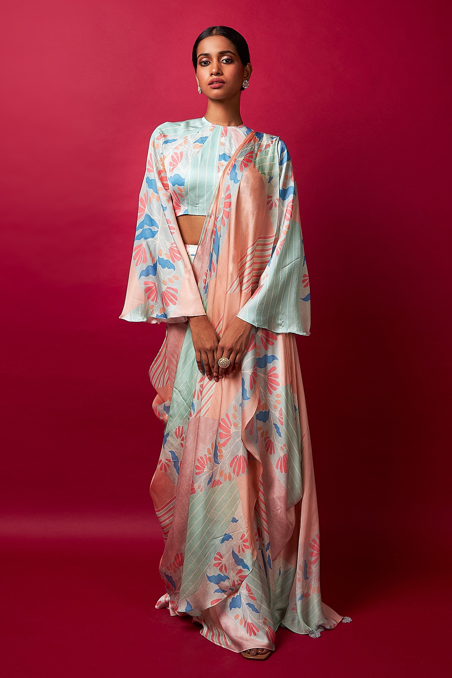 Buy Multi Color Blouse And Saree: Satin Abstract Floral Pre-stitched ...