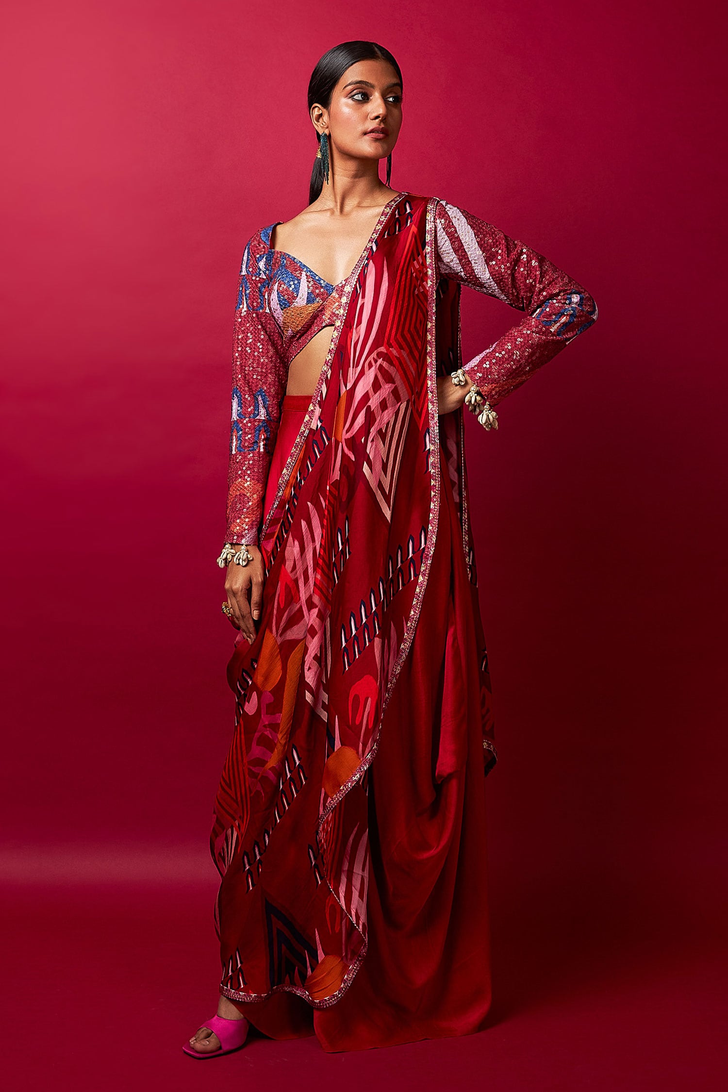 Buy Multi Color Blouse: Sequin Geometric Pallu Pre-stitched Saree With ...