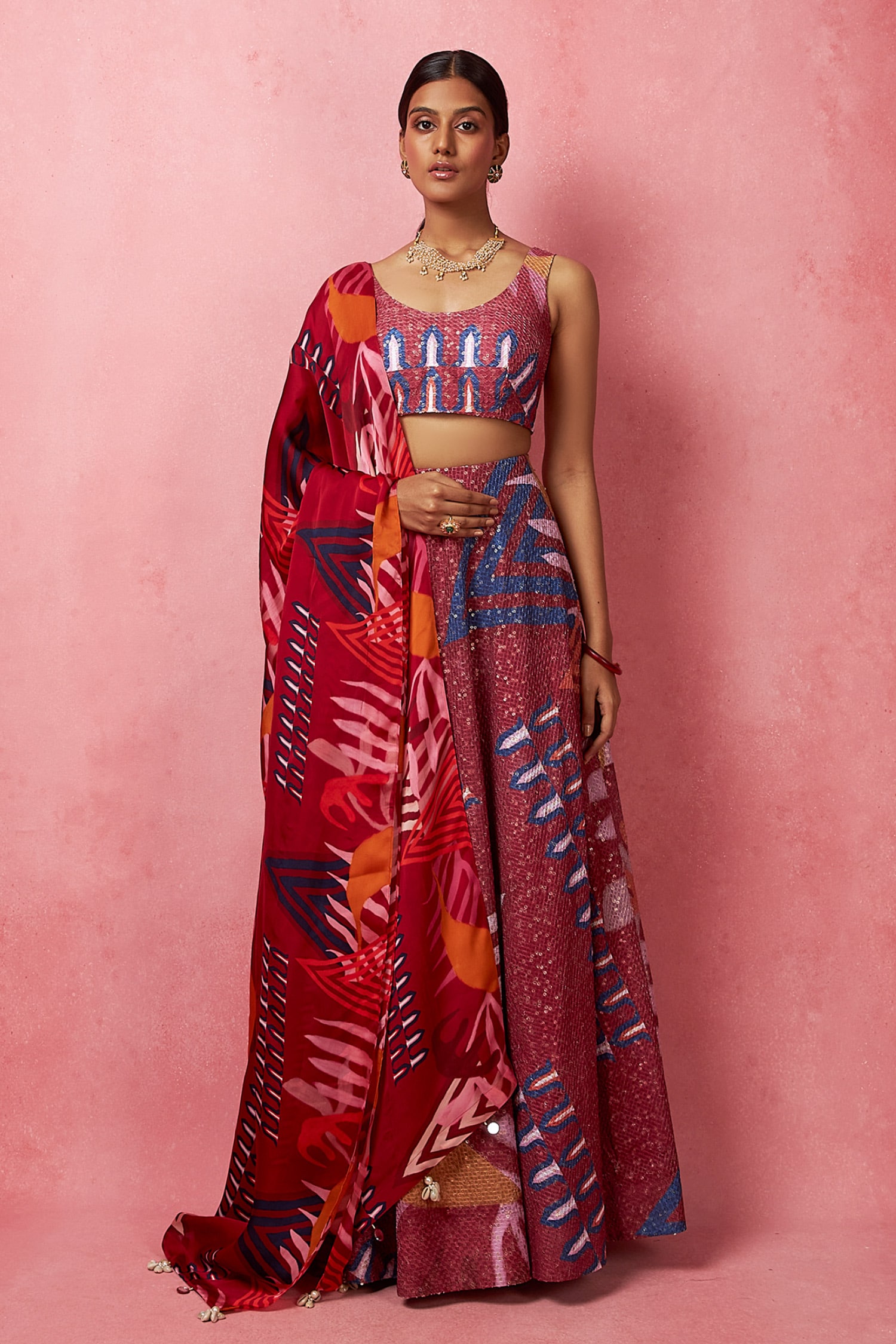 Buy Multi Color Bustier And Lehenga: Sequin Fabric Abstract Embroidered ...