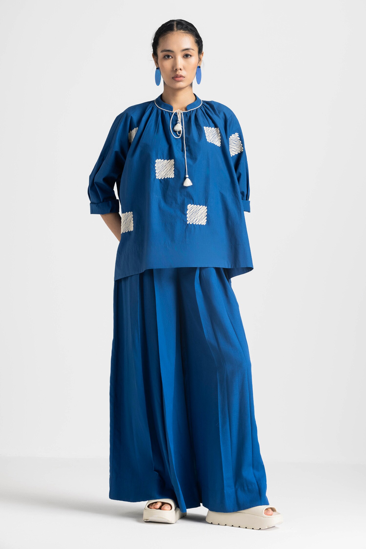 Buy Blue Top Poplin Plain Band Collar Cord Embroidered And Pant Set For ...