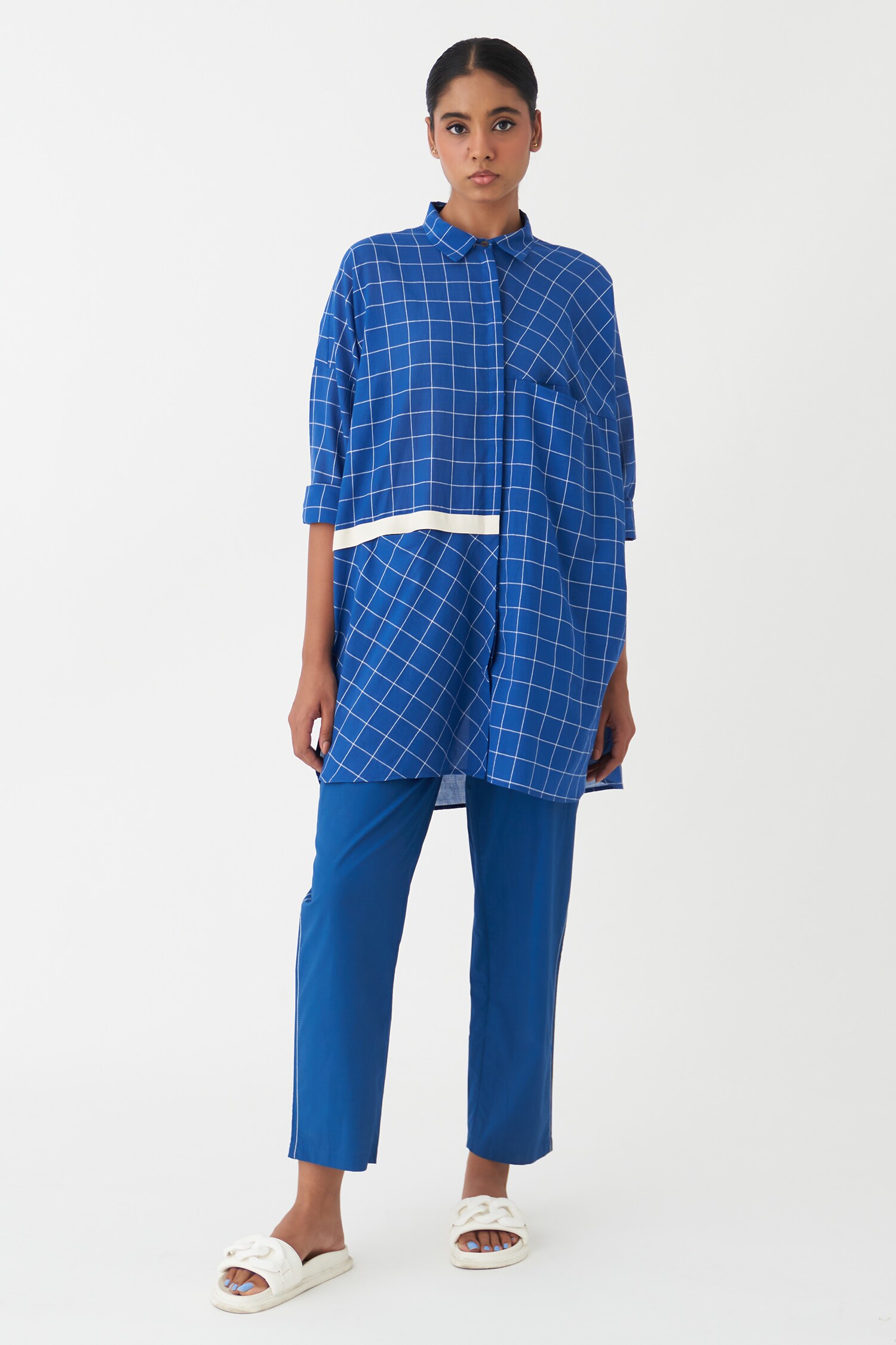 Buy Blue Handwoven Mul Embroidered Applique And Checkered Pattern Shirt ...