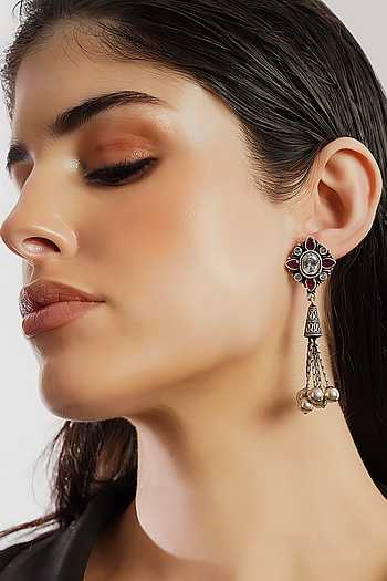 Buy Red Ruby Cubic Zirconia Embellished Tassel Earrings by Mero ...