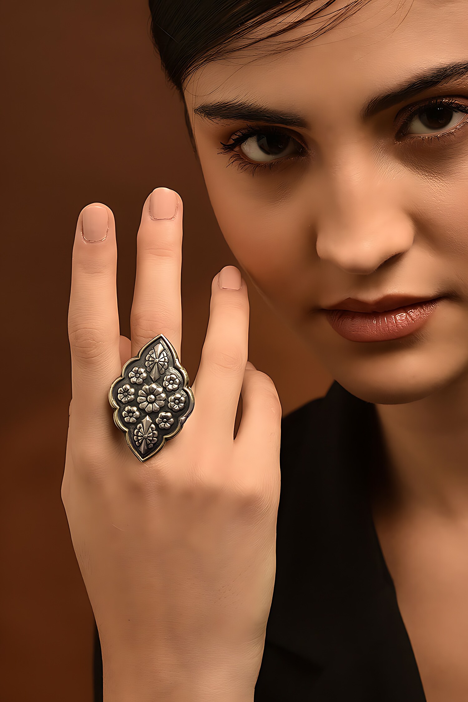 Buy Silver Plated Mughal Carved Work Ring by Mero Jewellery Online at ...