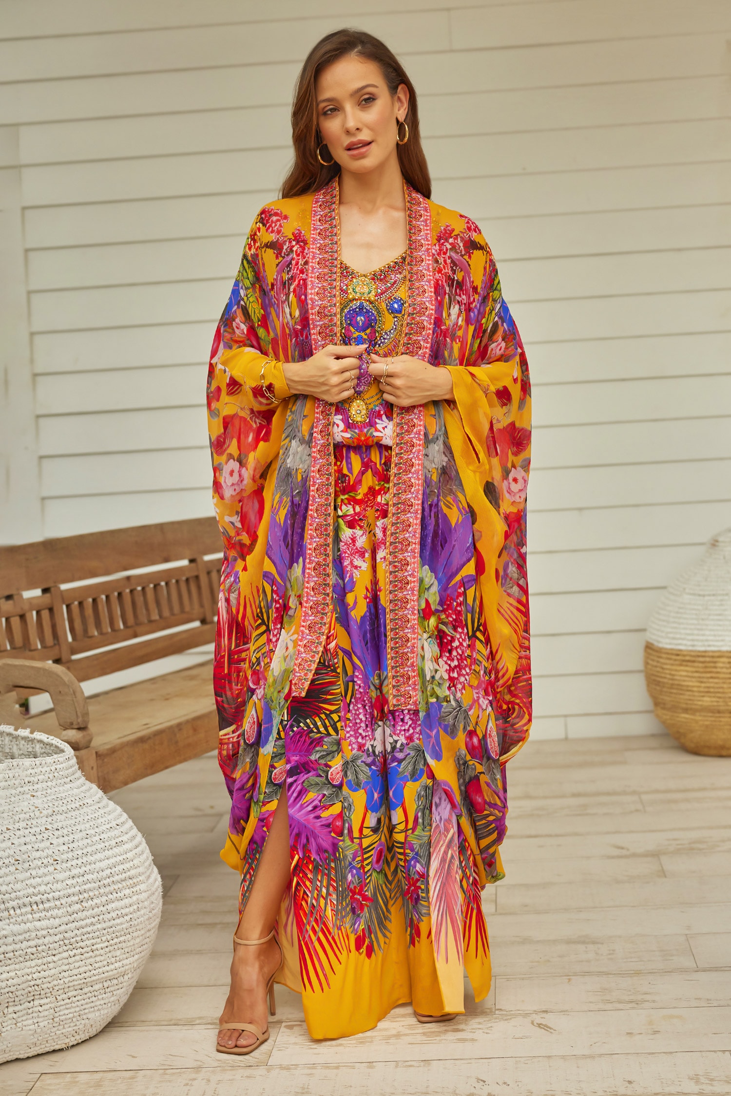 Buy Yellow Chiffon Floral Printed Open Tropical Blossom Cape For Women ...