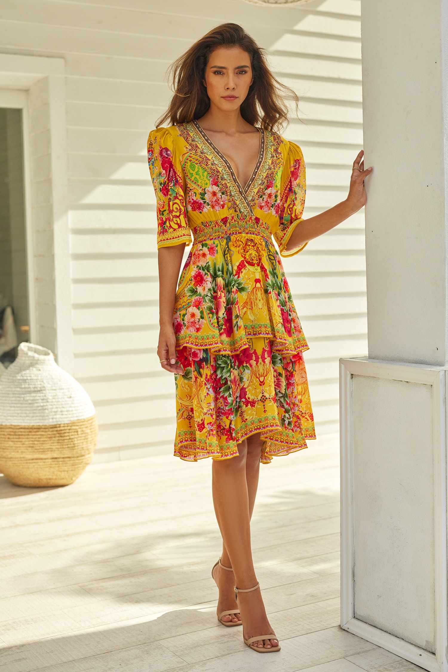 Buy Yellow Viscose Silk Printed Summer Garden Deep V Multi-layered ...