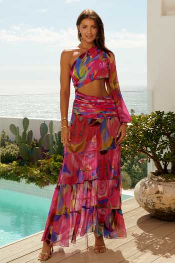 Buy Pink Chiffon Cosmo Bloom Print One Shoulder Maxi Dress For Women by ...