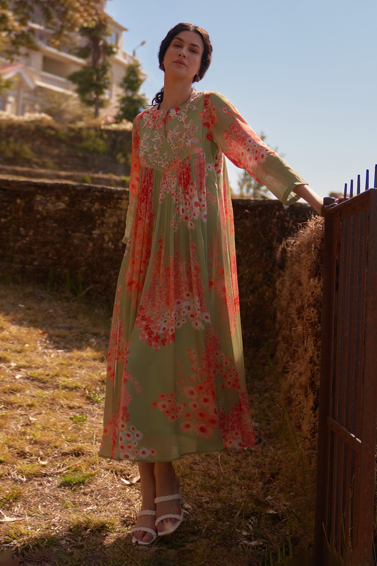 Buy Green Bamberg Crepe Dahlia Bloom Print Round Neck Yarrow A-line ...