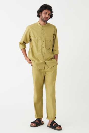 Buy Green Poplin Solid Front Pleated Pant For Men by THREE Online at ...