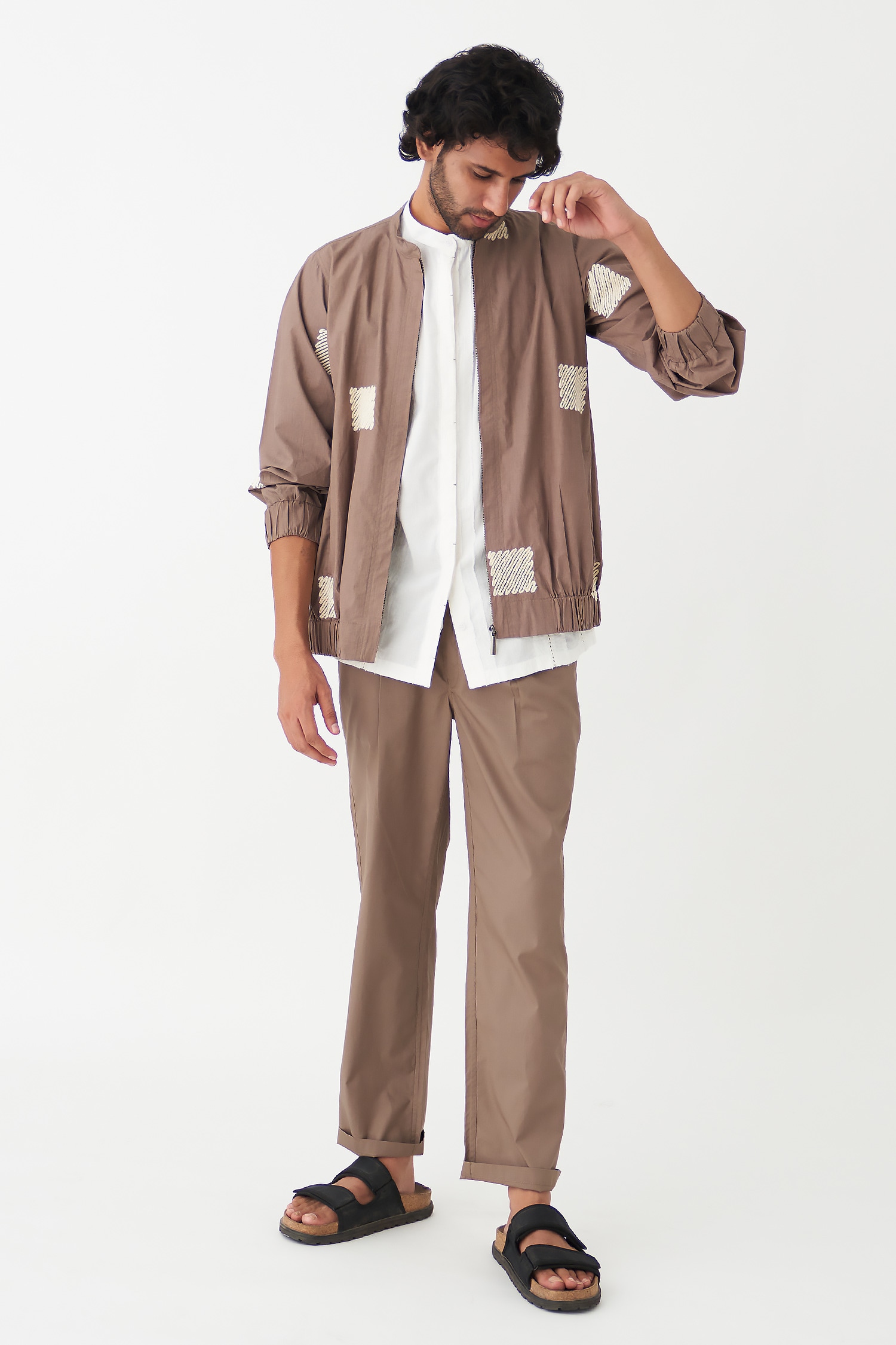 Buy Brown Poplin Embroidered Square Wave Bomber Jacket For Men by THREE ...