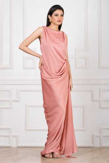Buy Pink Sandwash Satin Shimmer Boat Draped Gown For Women by Megha ...