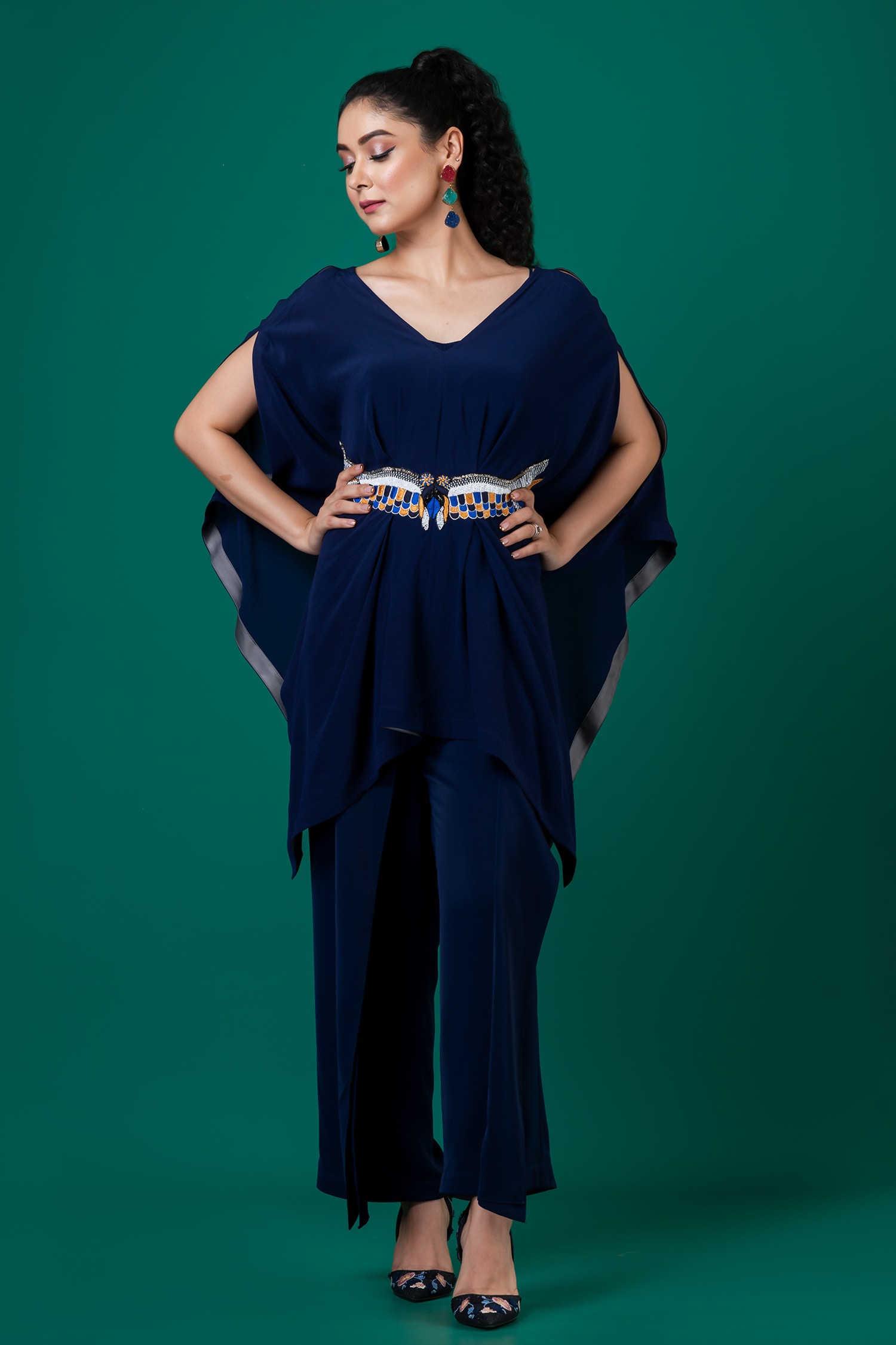 Buy Blue Art Crepe Cutdana Embroidered V-neck Top With Pant For Women ...