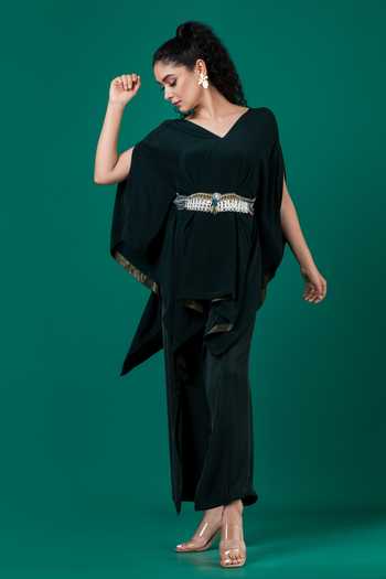 Buy Green Art Crepe Cutdana Embroidered V-neck Draped Top With Pant For ...