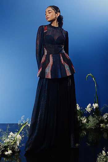 Buy Multi Color Habutai Silk Printed Abstract Wave Corset Dress Pant ...