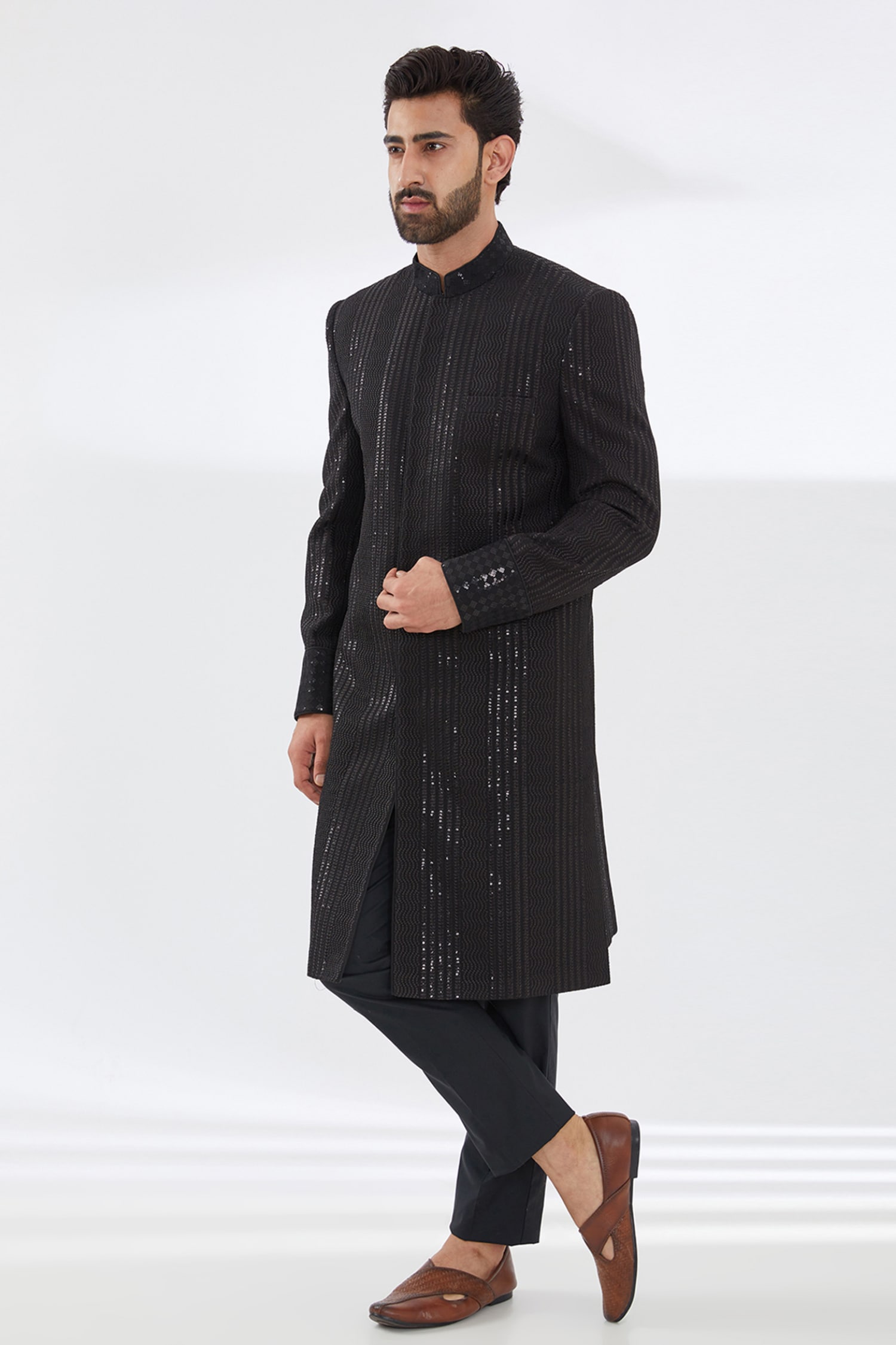 Buy Black Sherwani: Georgette Waves Embroidery Self Set For Men by ...