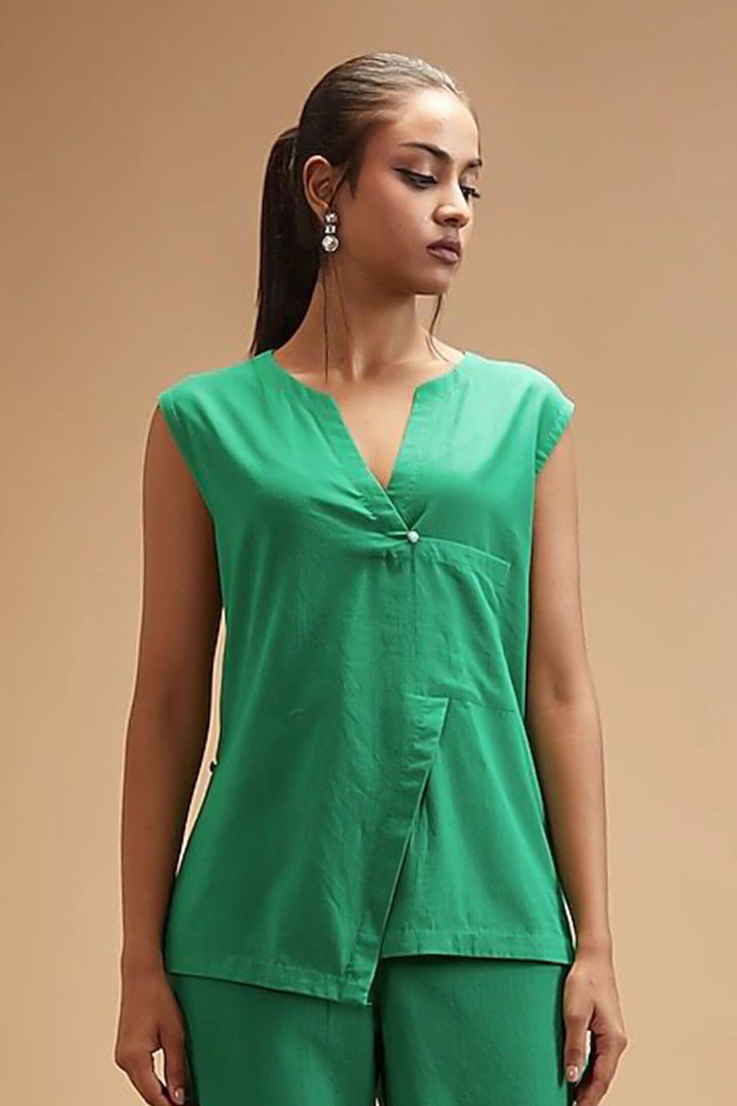 Buy Green Handloom Cotton Solid Notched Overlap Top For Women by ...