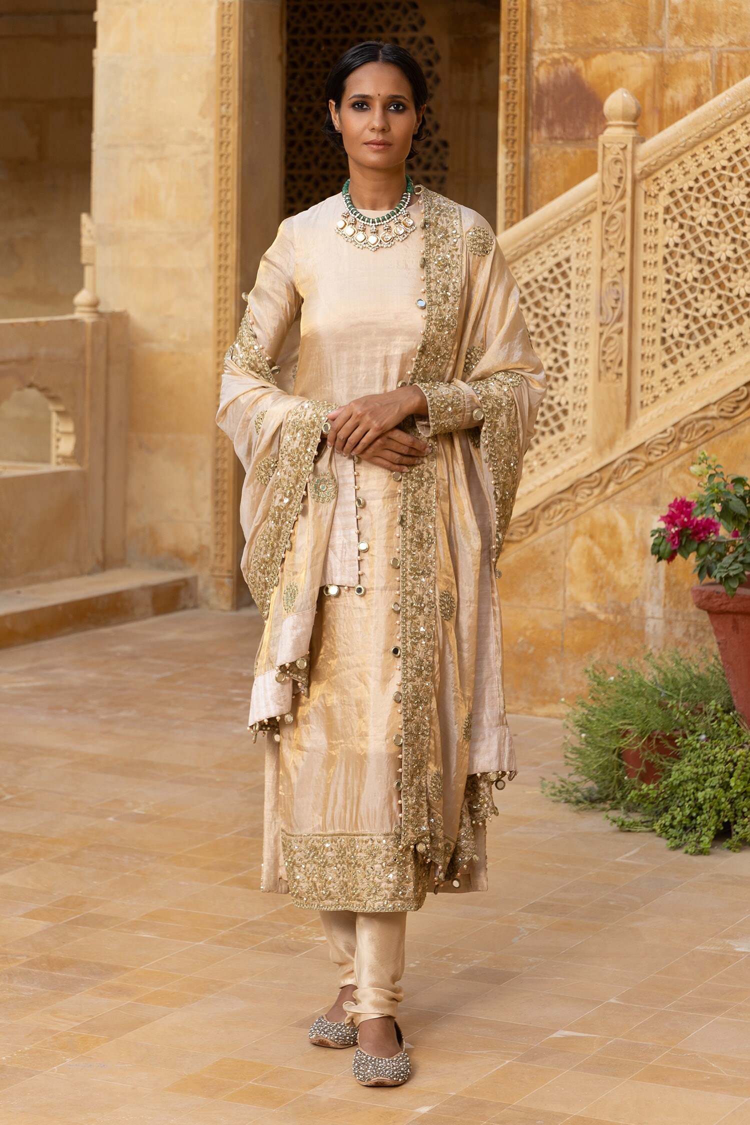 Buy Gold Kurta And Dupatta: Tissue Mirror Round Placement Embroidered ...